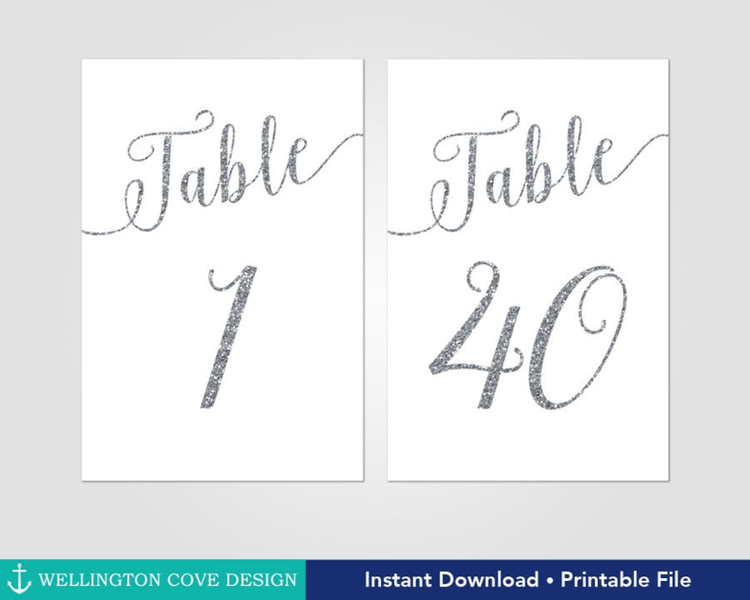 Printable Silver Glitter Table Numbers 1-40 • Calligraphy Script ...
