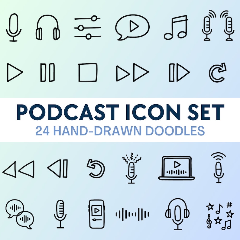 24 Hand Drawn Podcast Icons Set SVG PNG Clip Art Doodle Style Icon ...