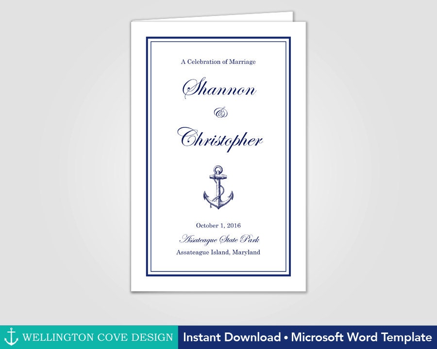 Nautical Wedding Program Template for Microsoft Word Catholic Navy Anchor Beach Printable ...
