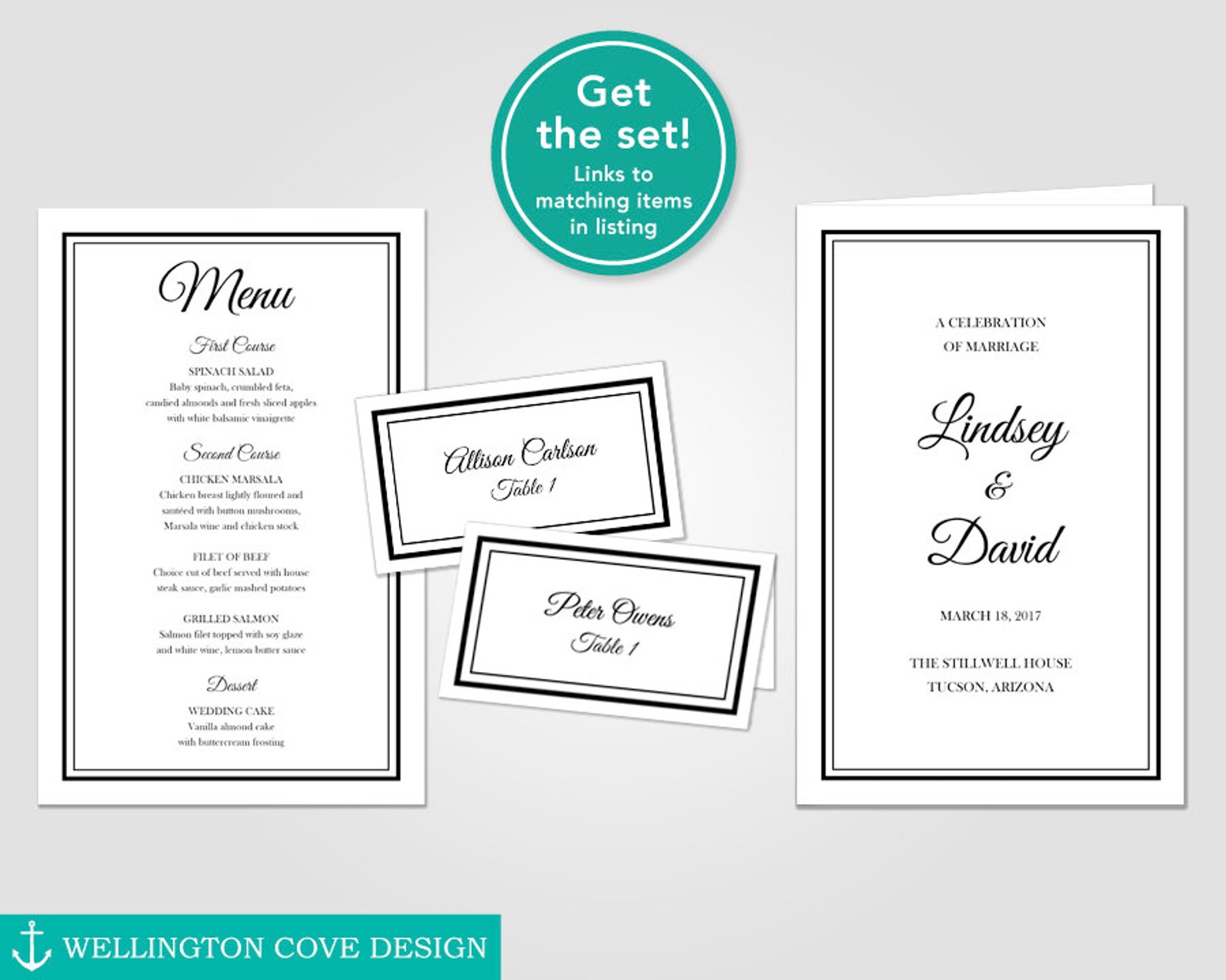 Printable Wedding Menu Template for Microsoft Word • Elegant Black ...
