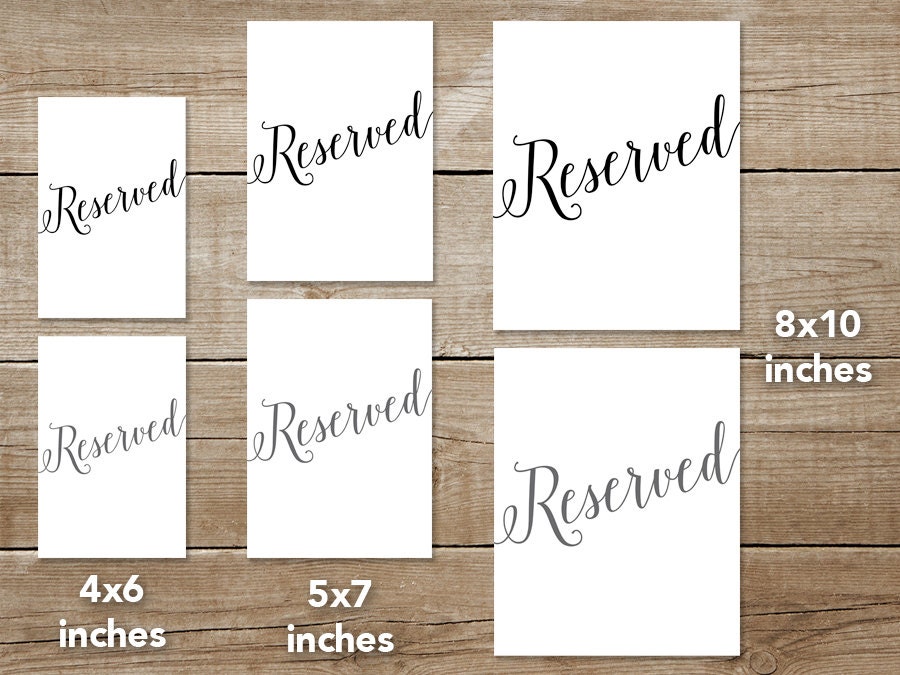 Printable Calligraphy Reserved Sign Wedding Sign Black Gray 4x6 5x7 ...
