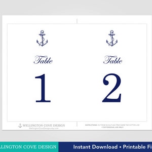 Printable Nautical Wedding Table Numbers 1-40 • Navy Anchor • Instant ...