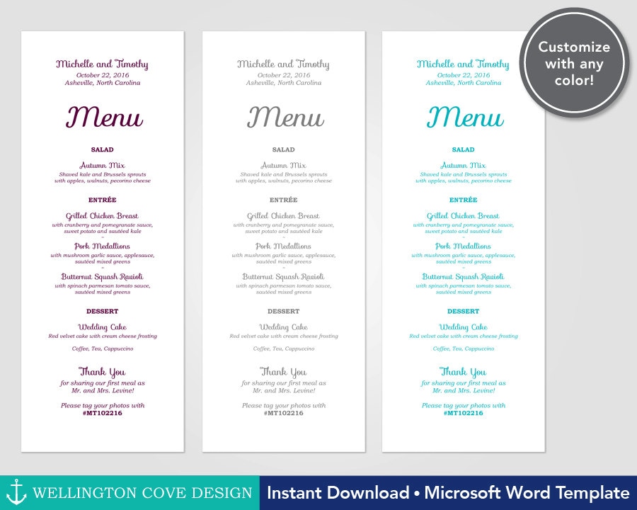 Wedding Menu Template for Microsoft Word Printable Instant Download ...