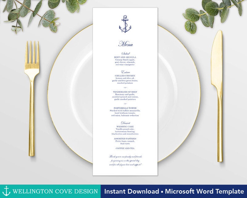 Nautical Wedding Menu Template With Anchor for Microsoft Word ...