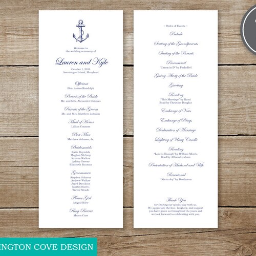 Navy Wedding Program Template Ceremony Program Printable - Etsy
