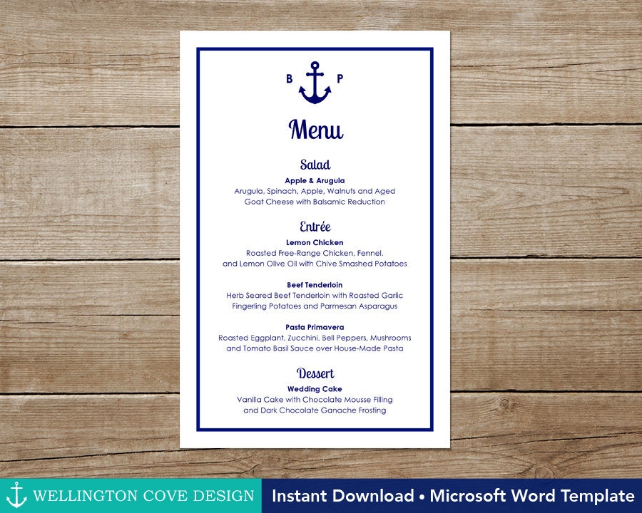 Nautical Wedding Menu With Anchor Monogram • Printable Microsoft Word ...