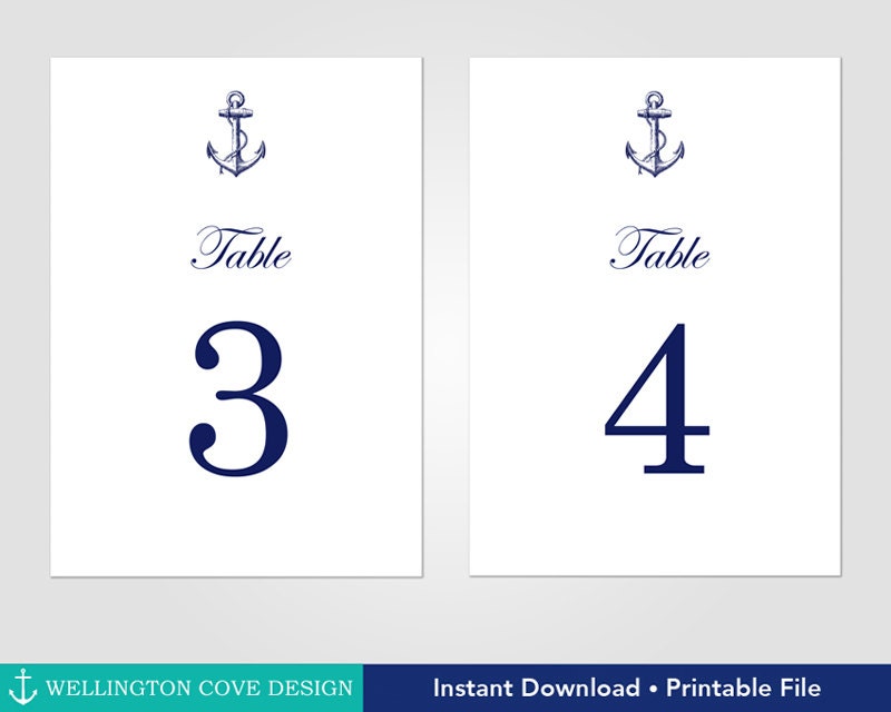 Printable Nautical Wedding Table Numbers 1-40 • Navy Anchor • Instant ...