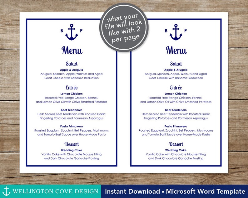 Nautical Wedding Menu With Anchor Monogram • Printable Microsoft Word ...