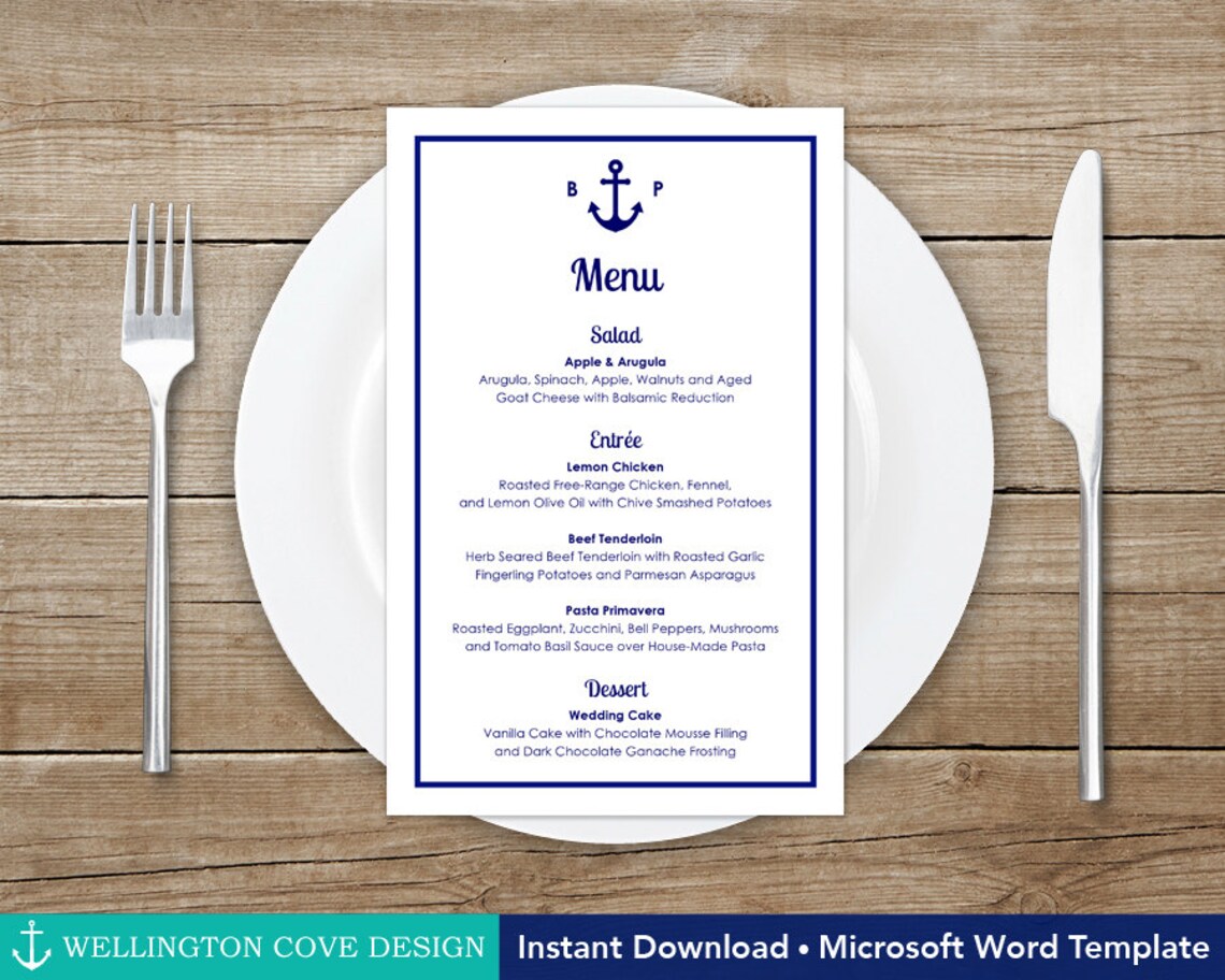 Nautical Wedding Menu With Anchor Monogram Printable Microsoft Word ...