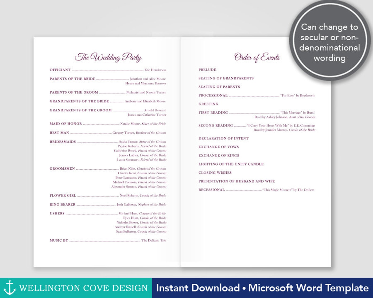 Wedding Ceremony Program Folding Template for Microsoft Word Printable ...