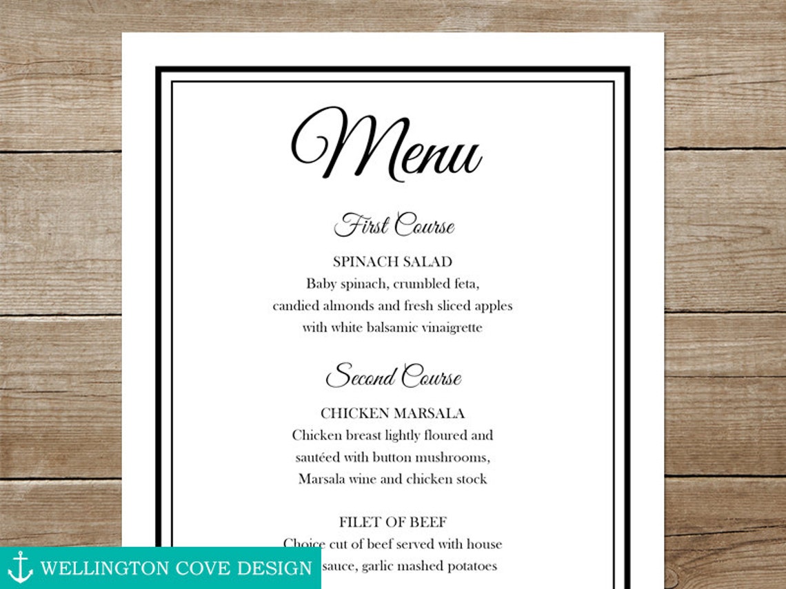 Printable Wedding Menu Template for Microsoft Word • Elegant Black ...