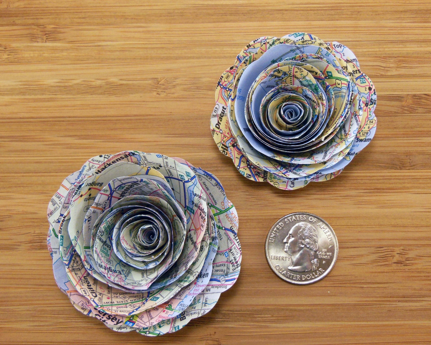 Map Paper Flowers Set of 12 Travel Theme Spiral Rose - Etsy