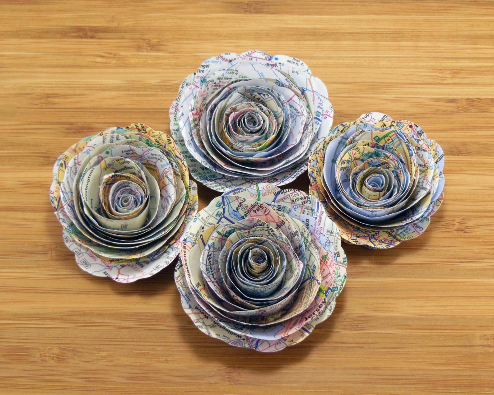 Map Paper Flowers Set of 12 Travel Theme Spiral Rose - Etsy