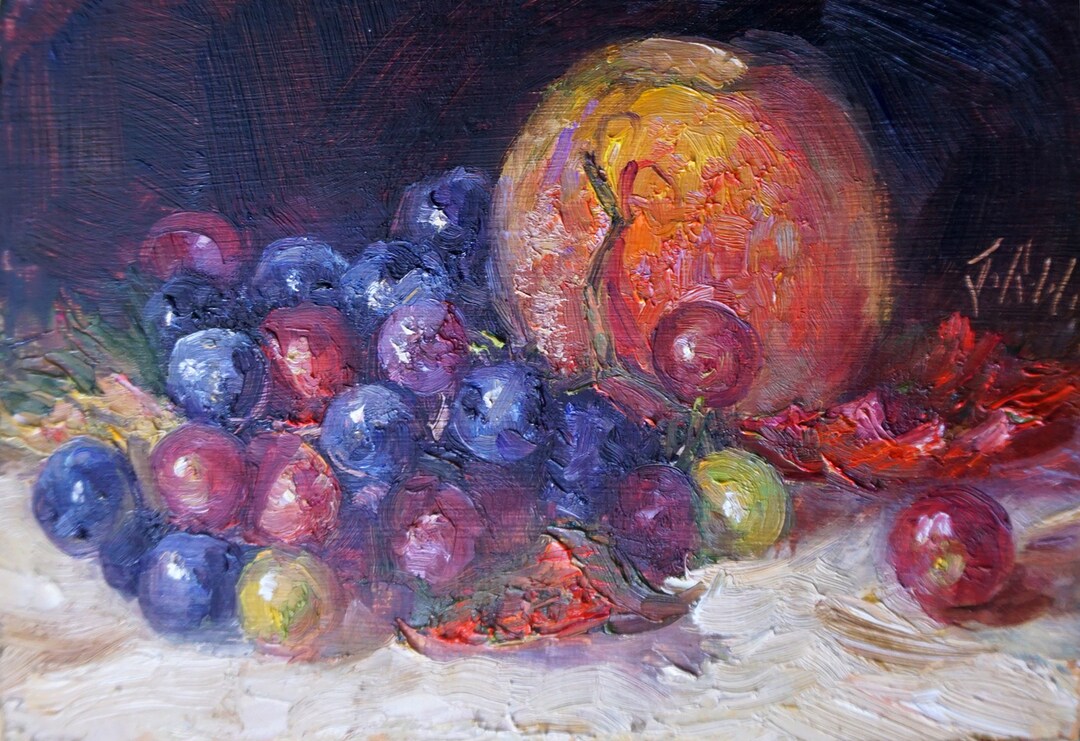 Succulent Wild River Grapes and a Ripe Peach/original Fine Art Oil ...