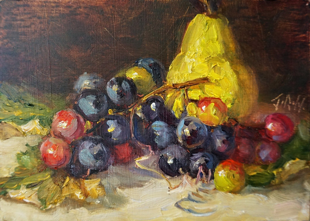 Autumn Wild River Grapes and a Yellow/green Pear/original Fine Art Oil ...