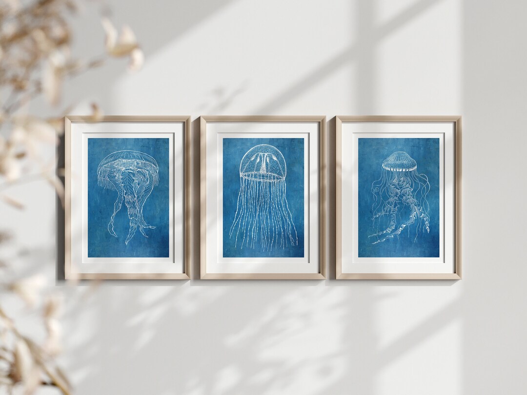 Sea Life Posters Set of 3 - Jellyfish Octopus Botanical Prints - Marine ...