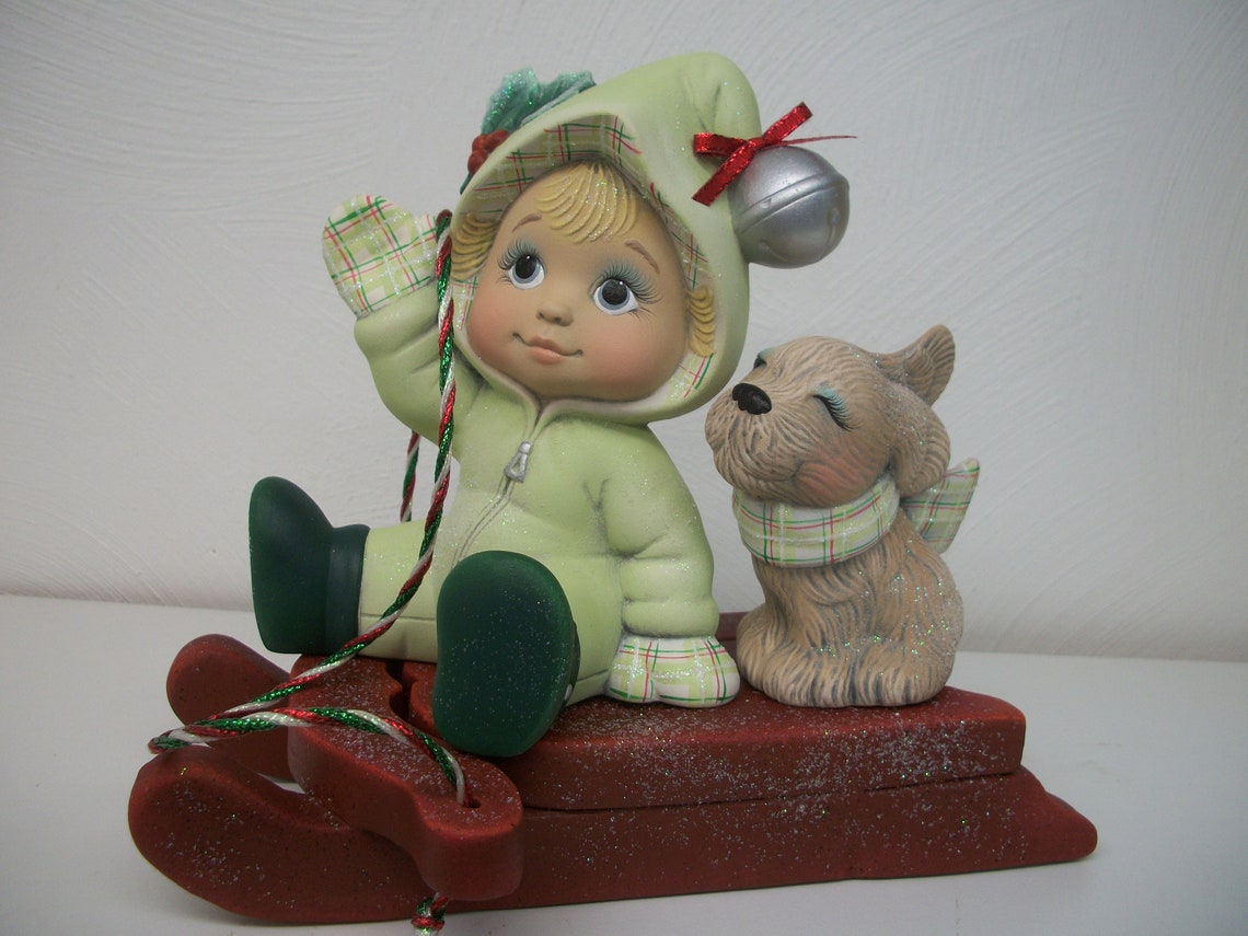 Ceramic Christmas Sweet Tot and Puppy on Sled Christmas - Etsy