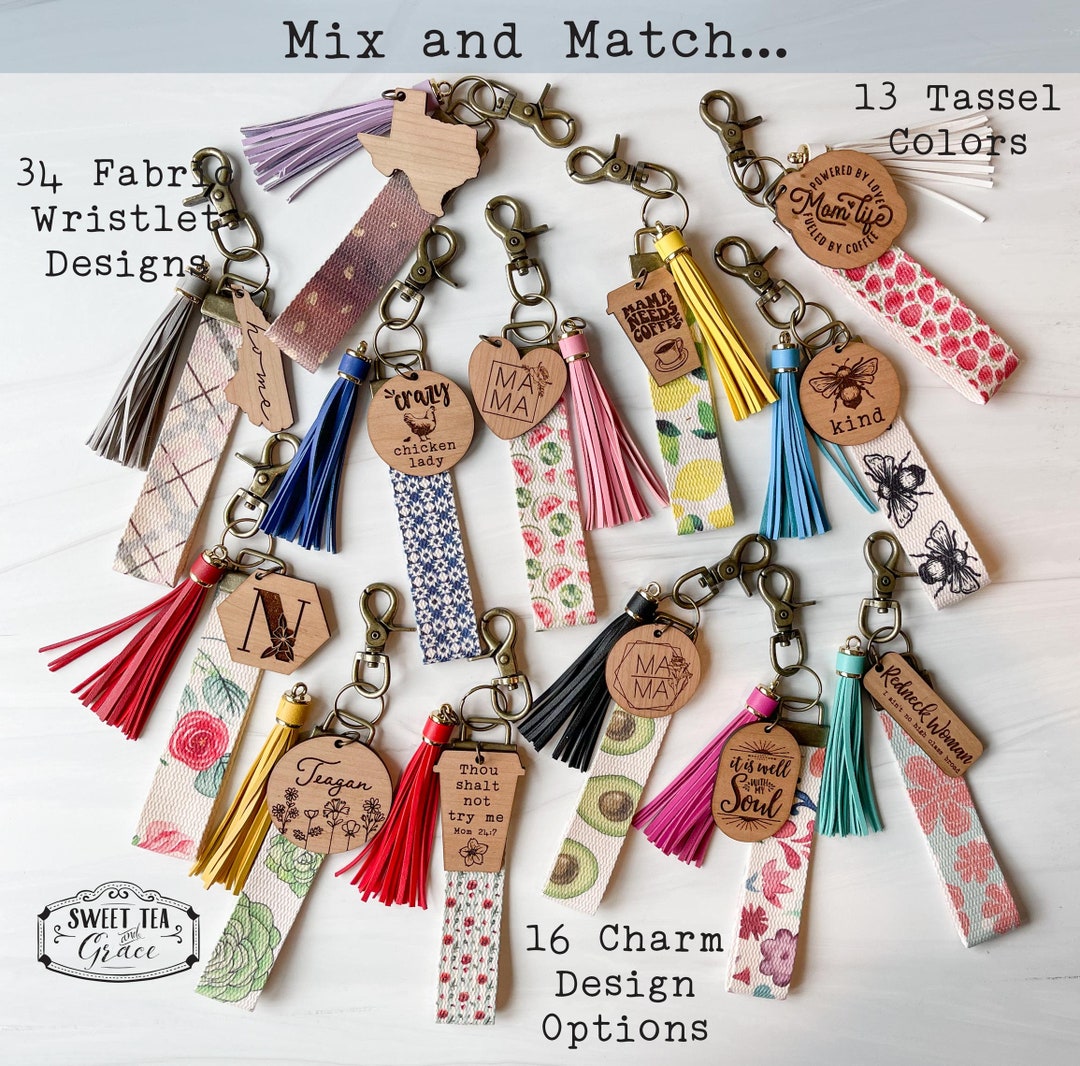 Fabric Wristlet Keychain With Wood Charm and Tassel, Gift for Her ...