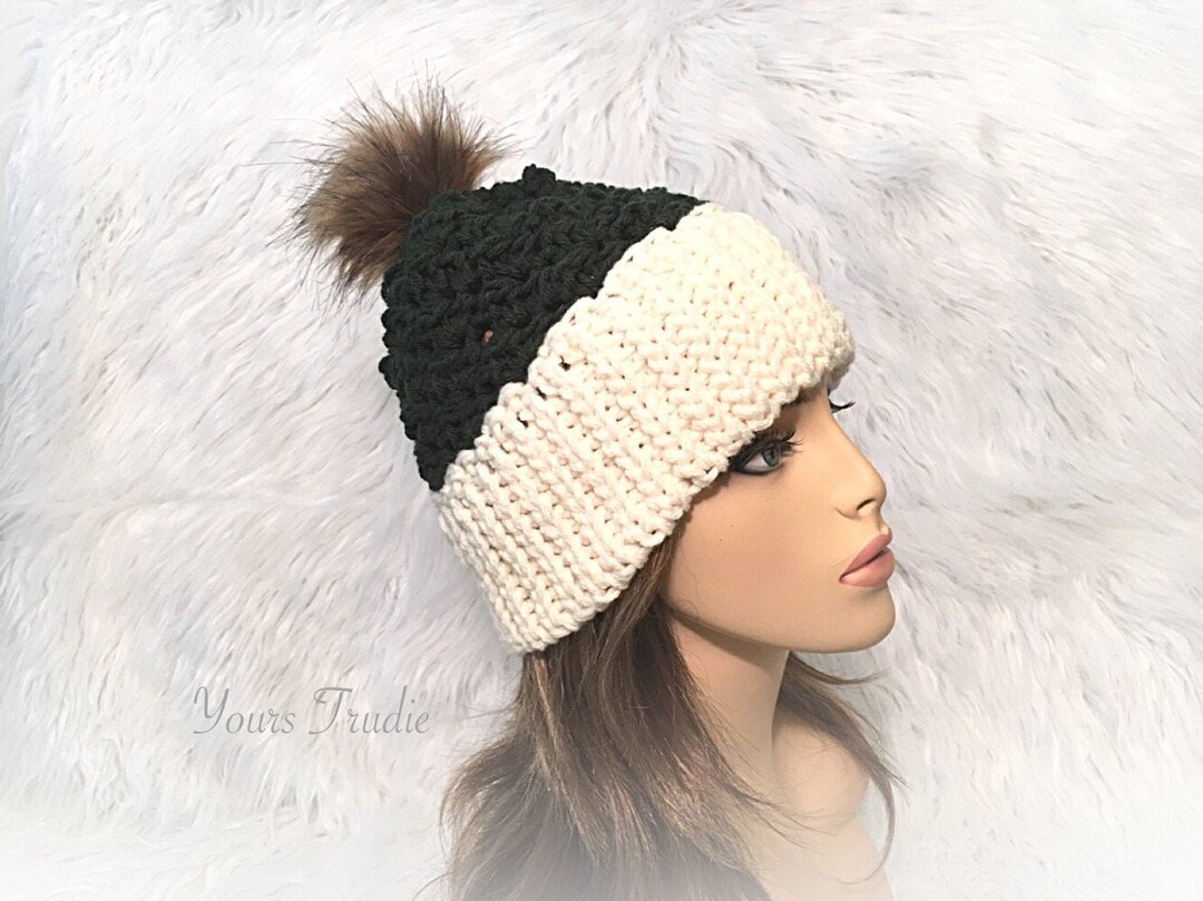 Hunter Green Cream Crochet Slouchy Hat With Faux Fur Pom Pom, Dark ...