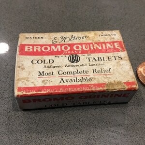 Vintage Medicine Box Bromo Quinine Cold Tablets by E W Grove-red and ...