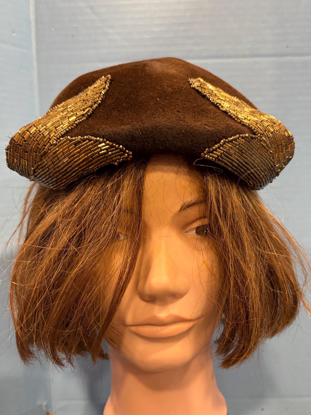 Vintage 1920s Flapper Hat Fancy Brown Felt W Gold Beads-tri Head Cover ...