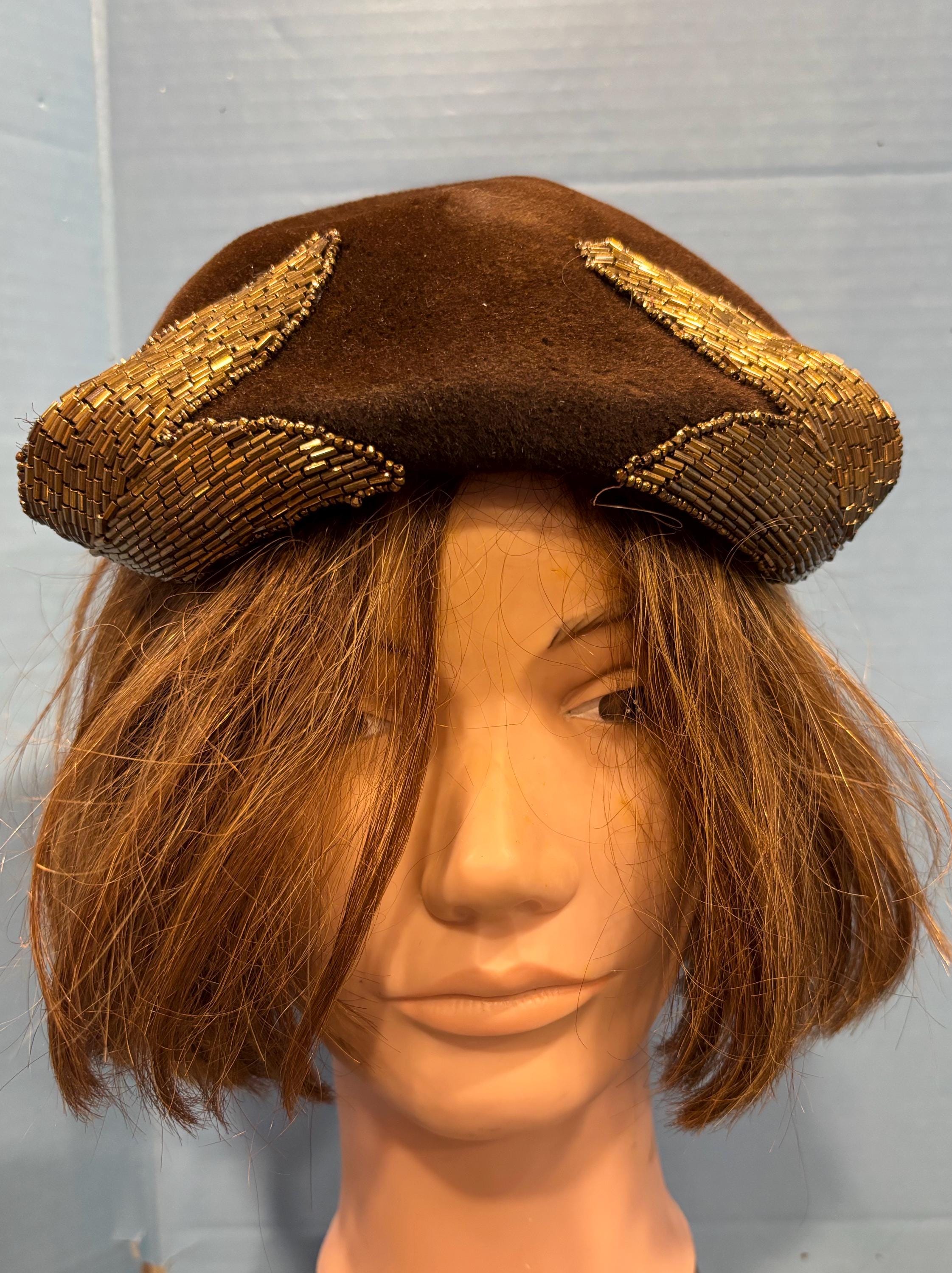 Vintage 1920s Flapper Hat Fancy Brown Felt W Gold Beads-tri Head Cover ...