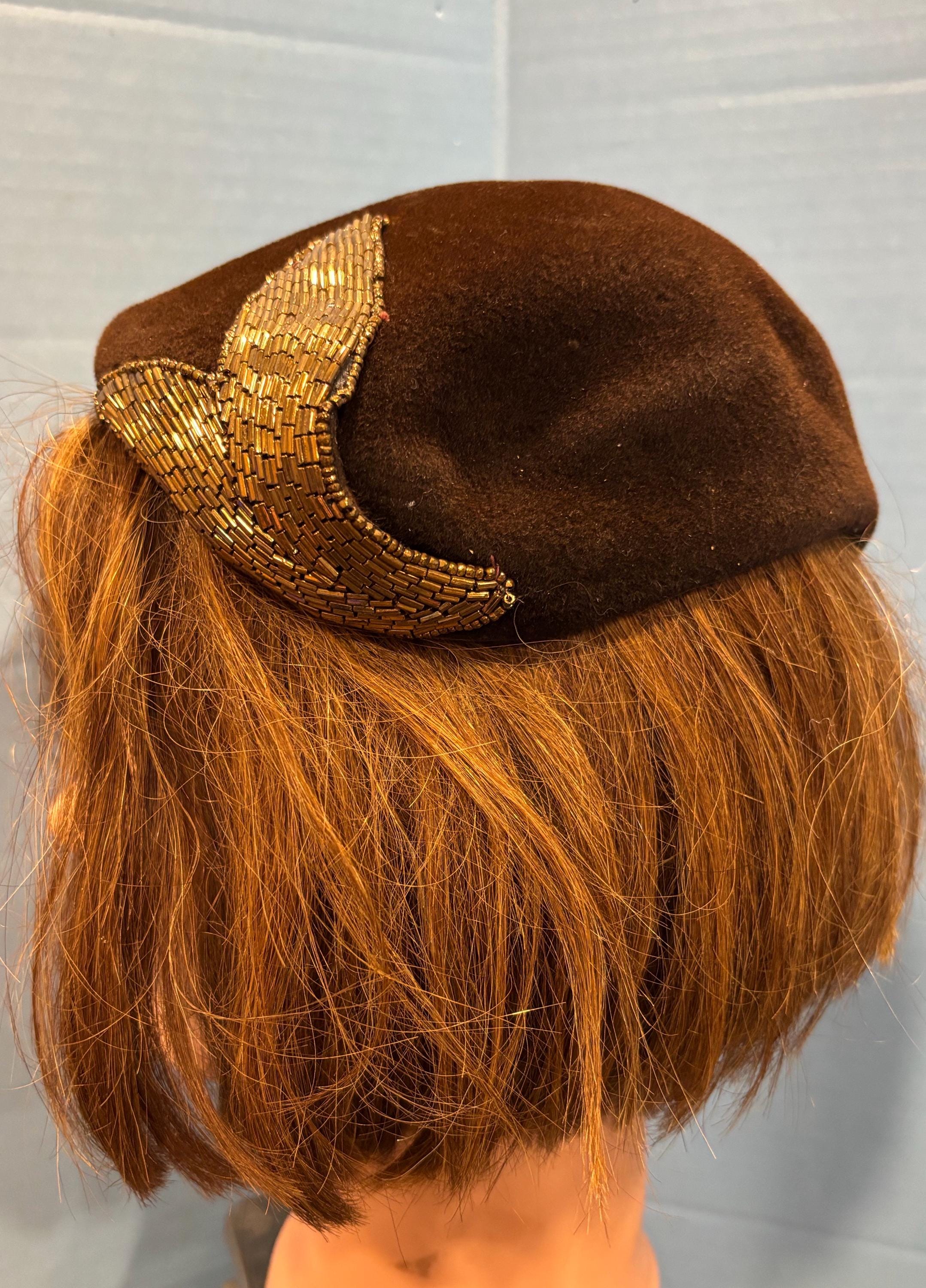 Vintage 1920s Flapper Hat Fancy Brown Felt W Gold Beads-tri Head Cover ...