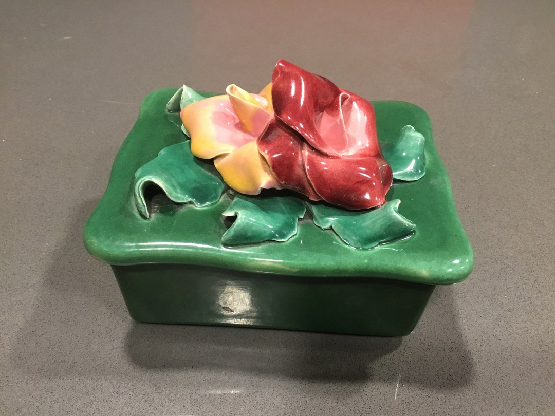 Ceramic Cigarette Box W 2 Matching Ashtrays Fit Inside, Dark Green W ...