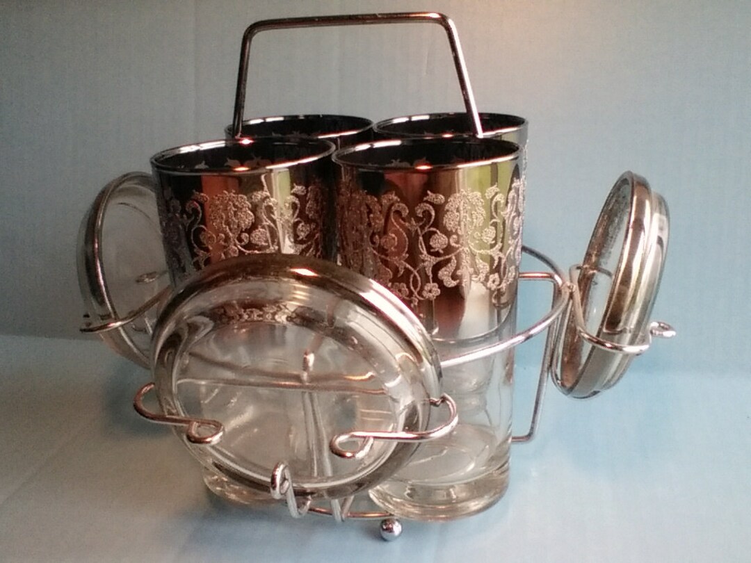 Mid Century Dorothy Thorpe Bar Caddy Drink Set 4 Glasses 4 Ashtrays ...