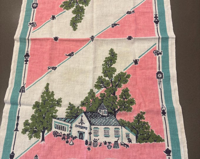 Linen Tea Towel-vintage Dish Towel-w Antique Shop on Each Side in Pink ...