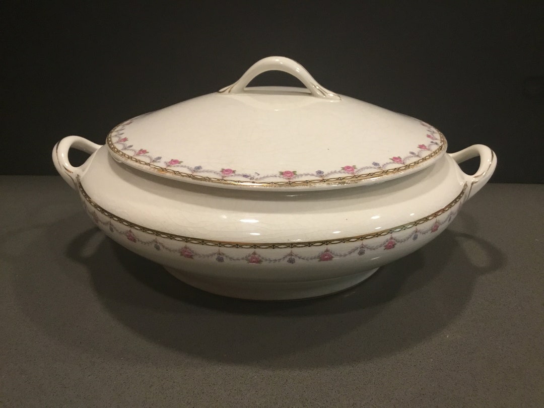 Covered Vegetable Dish Bowl-edwin M Knowles VITREOUS China No 20-1-6 White W Gold Trim Roses ...