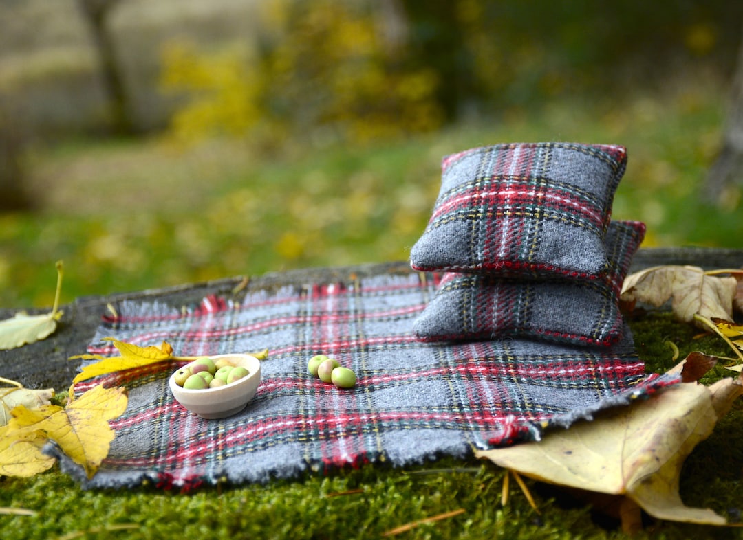 Miniature Picnic Rug and Cushions, Tartan Woollen Blanket "doll's ...