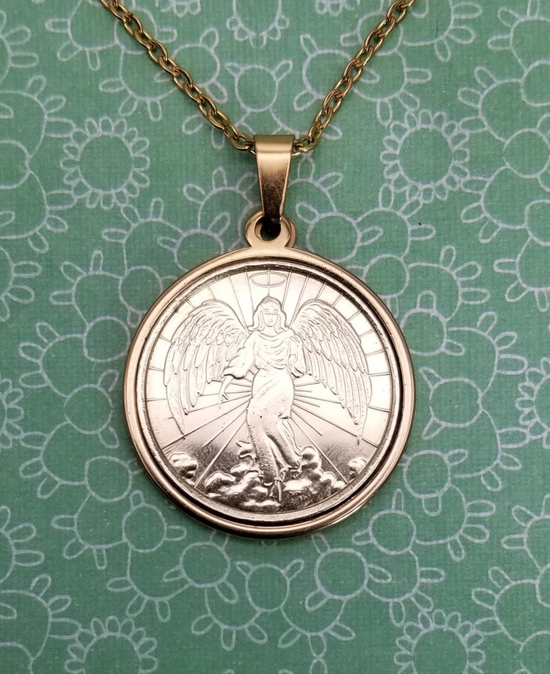 Guardian Angel Token Pendant With 18K Gold Plated Stainless Steel Bezel ...