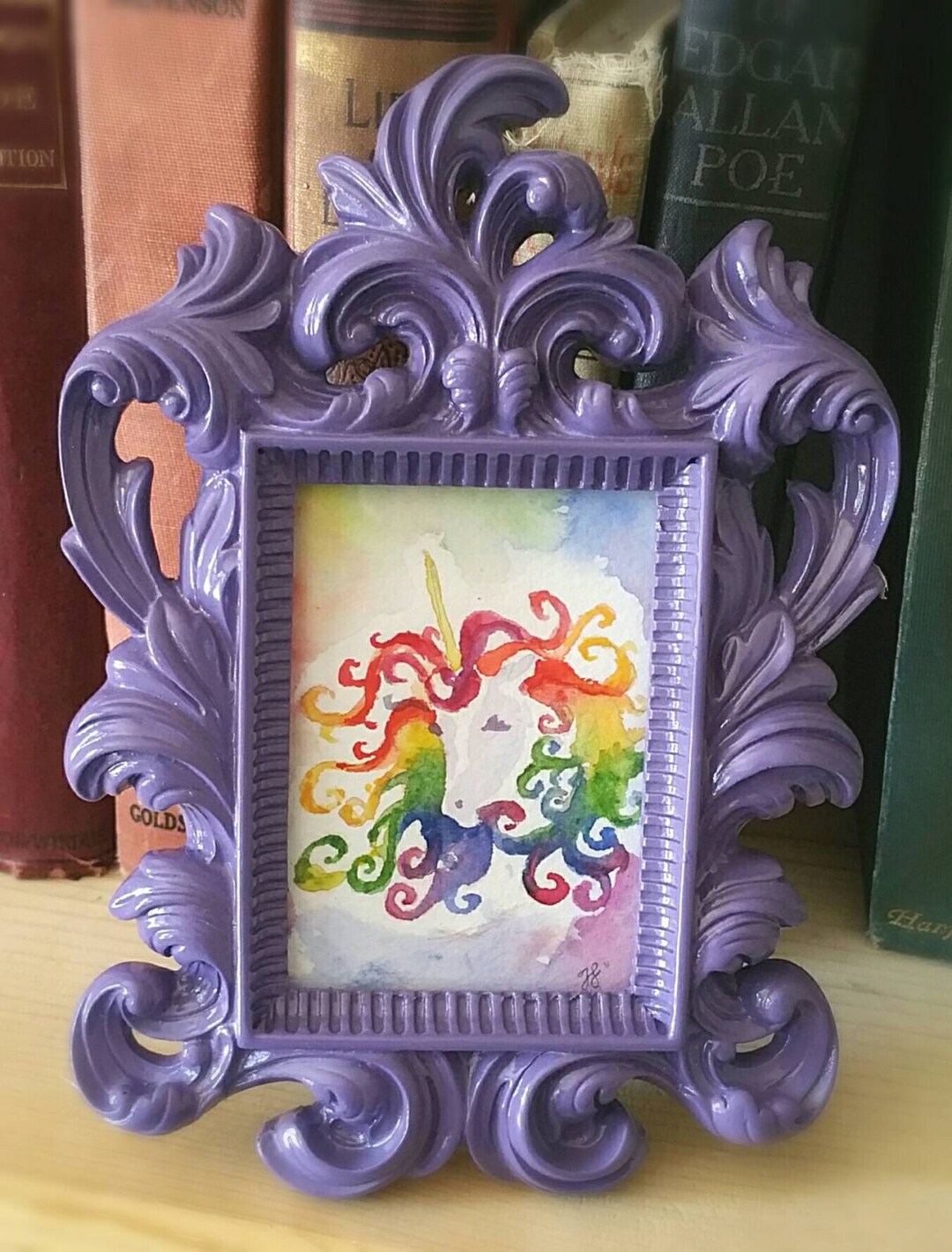 Rainbow Unicorn in Watercolor. Baroque Style Purple Frame and Magical ...