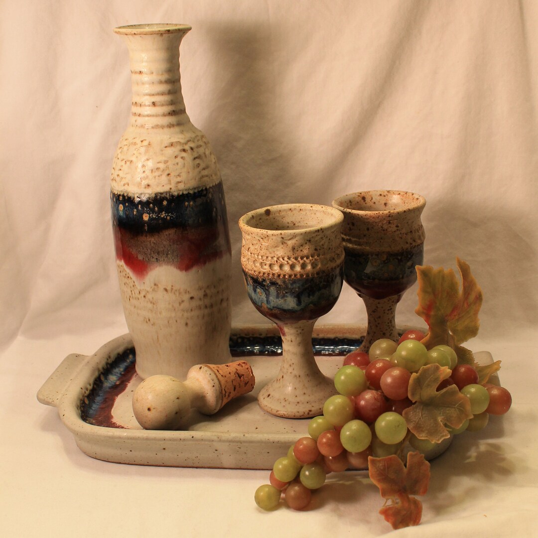 Meat and Cheese Tray, Two Goblets, Wine Decanter Set Vintage Handmade ...