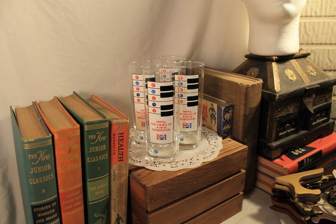 Vintage Set of 4 Pepsi Cola Keyboard Drinking Glass Tumblers Stock # ...