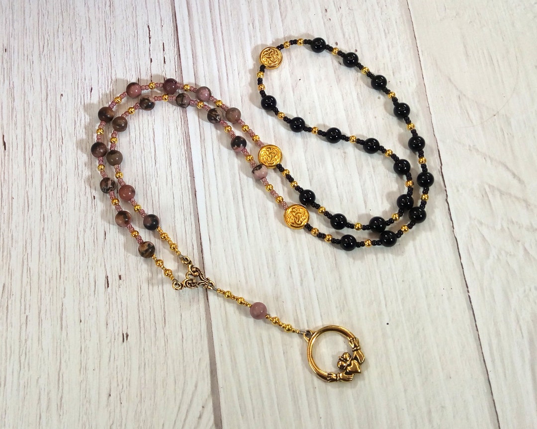 Aengus (oengus, Angus Og) Prayer Bead Necklace in Rhodonite and Onyx ...