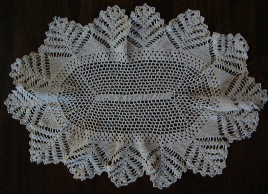 Vintage Crocheted Table Doily, Creamy Cotton Oval Doily With Ruffling ...