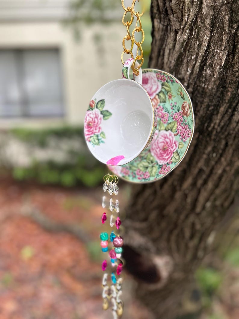 Pink Rose Teacup and Saucer Crystal Wind Chime - Etsy