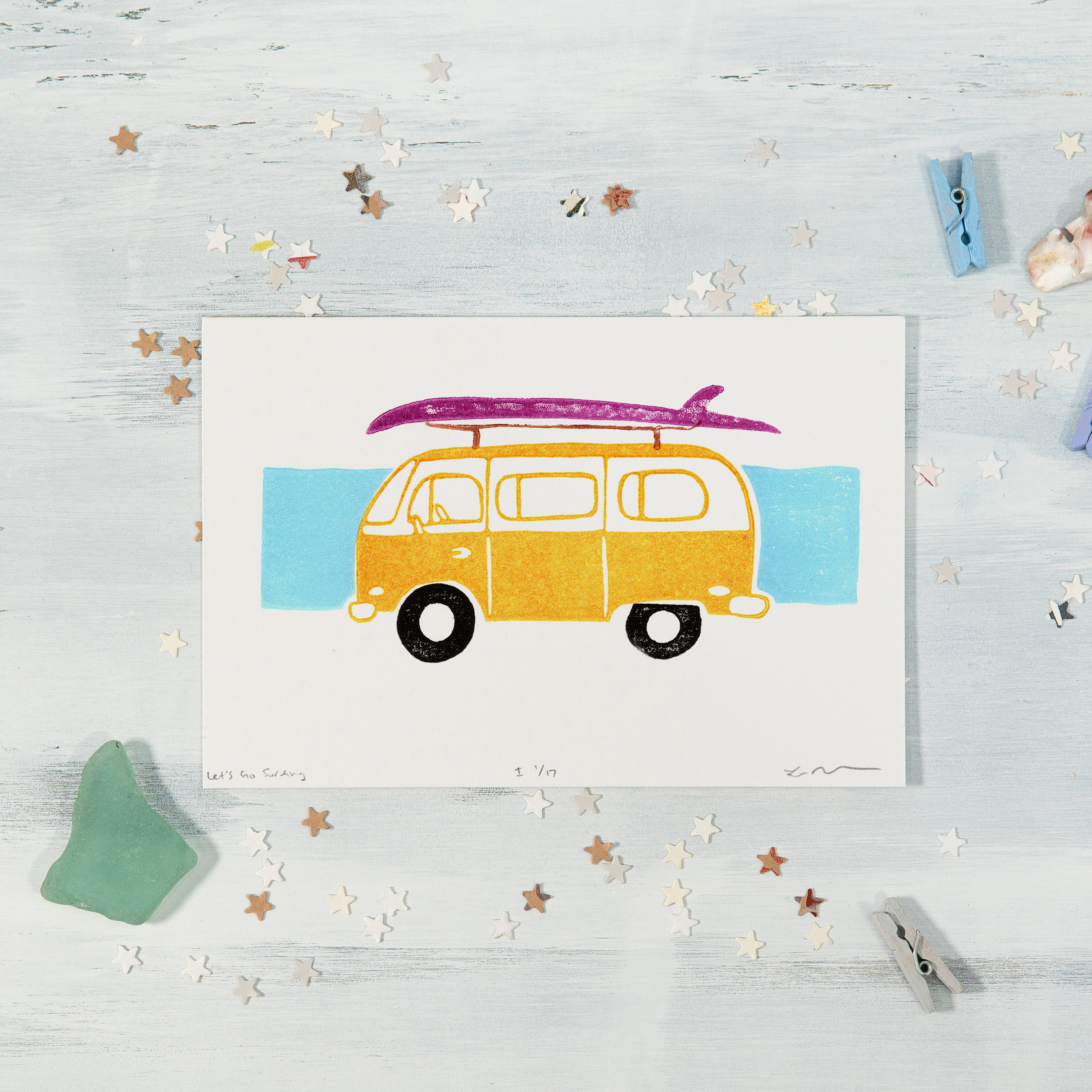 Surfing Van Life 4x6 Linocut Art Print, Mint Green Orange VW Bus ...