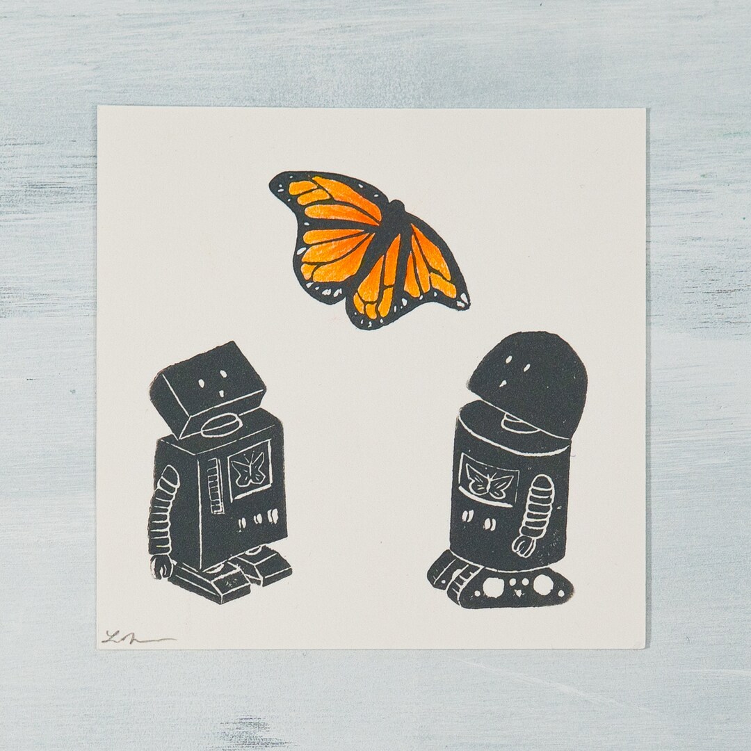 Robots Admiring the Butterflies 4x4 Hand Colored Linocut Art Print - Etsy