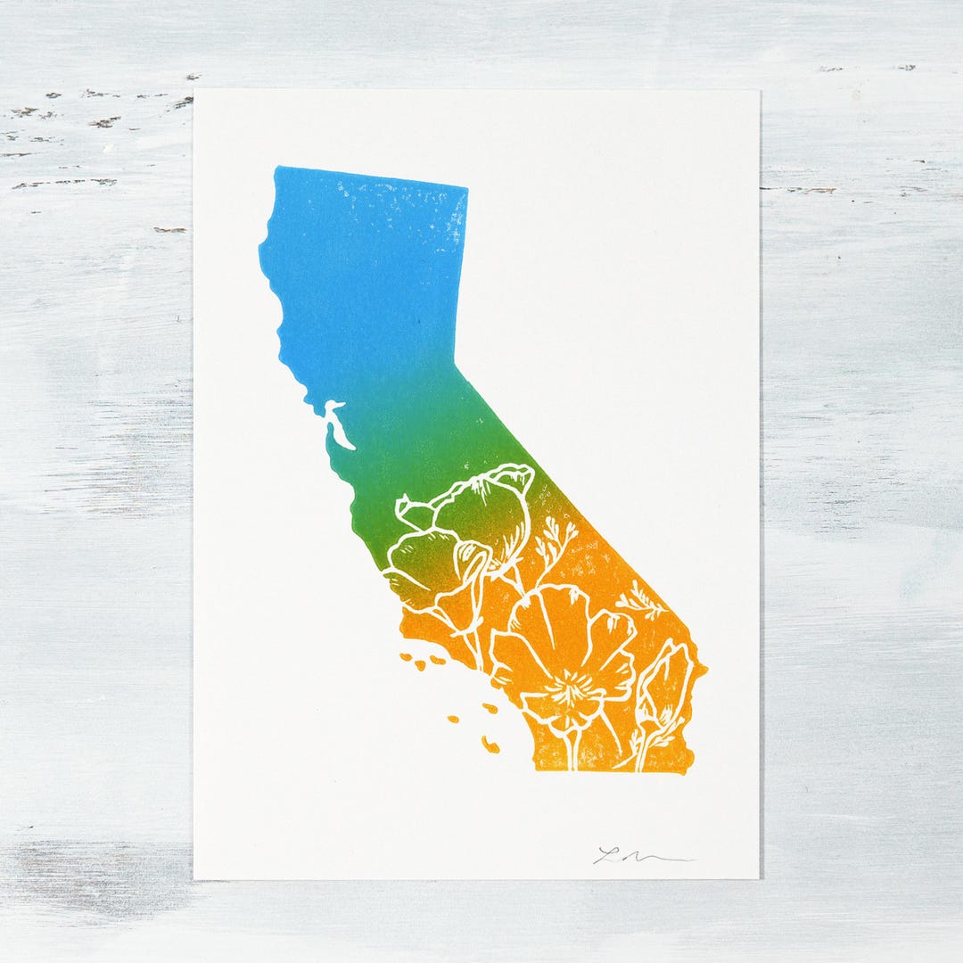 California Poppy State Flower Handmade Linocut Relief 5x7 Art Print - Etsy