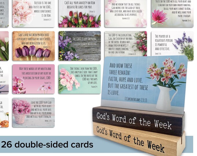 Bible Verse Cards & Holder 52 Scriptures on 26 Double-sided 5x3.5 High ...
