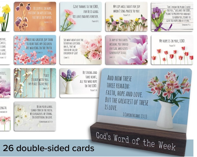 Bible Verse Cards & Holder 52 Scriptures on 26 Double-sided 5x3.5 High ...