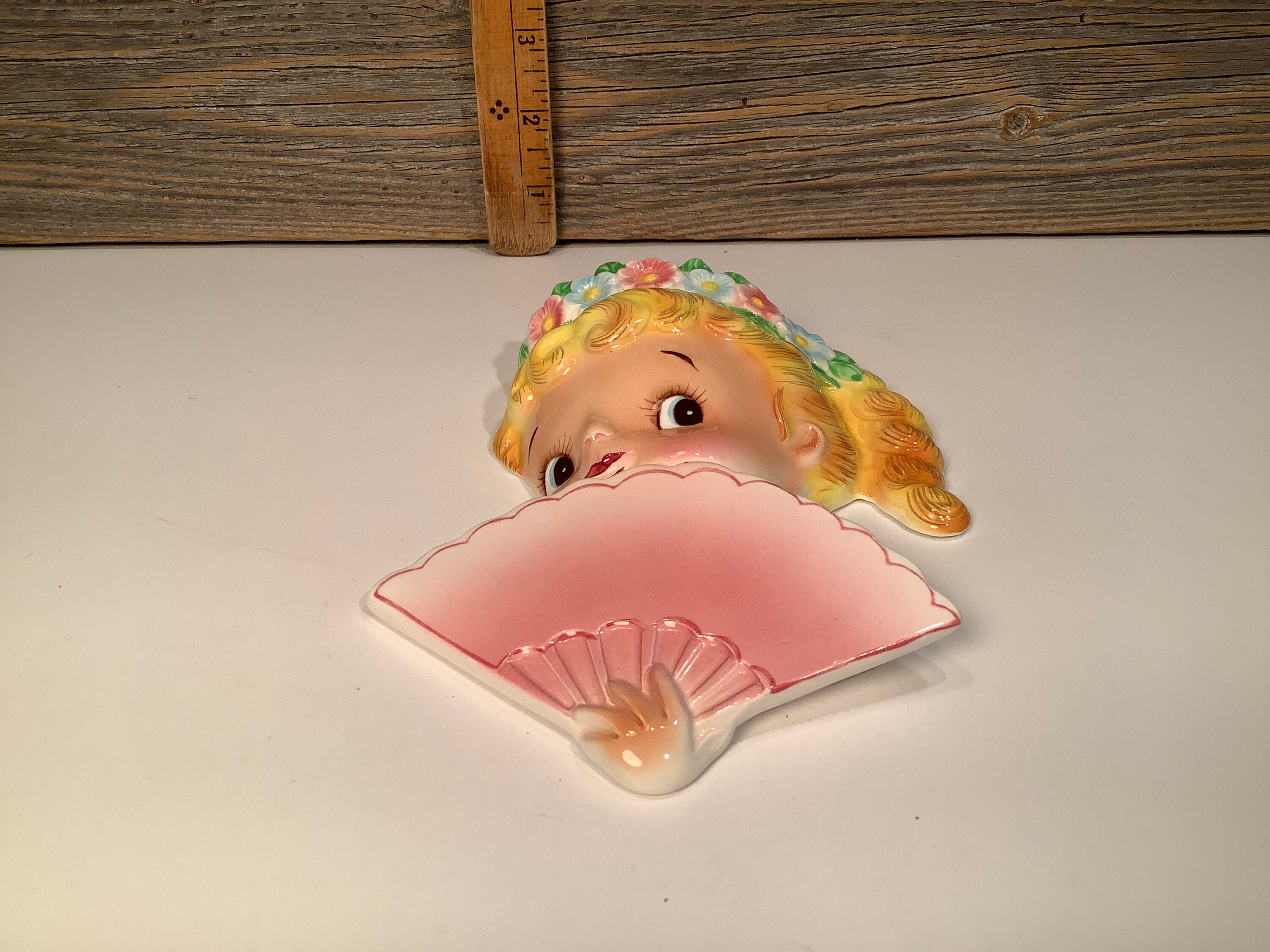 Vintage Lefton wall pocket girl flower and fan 50' | Etsy