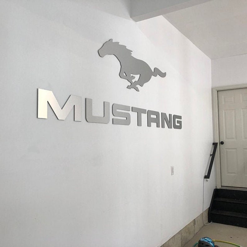 Mustang Pony and Letters Combo Garage Sign 9 Feet Long Brushed Silver ...