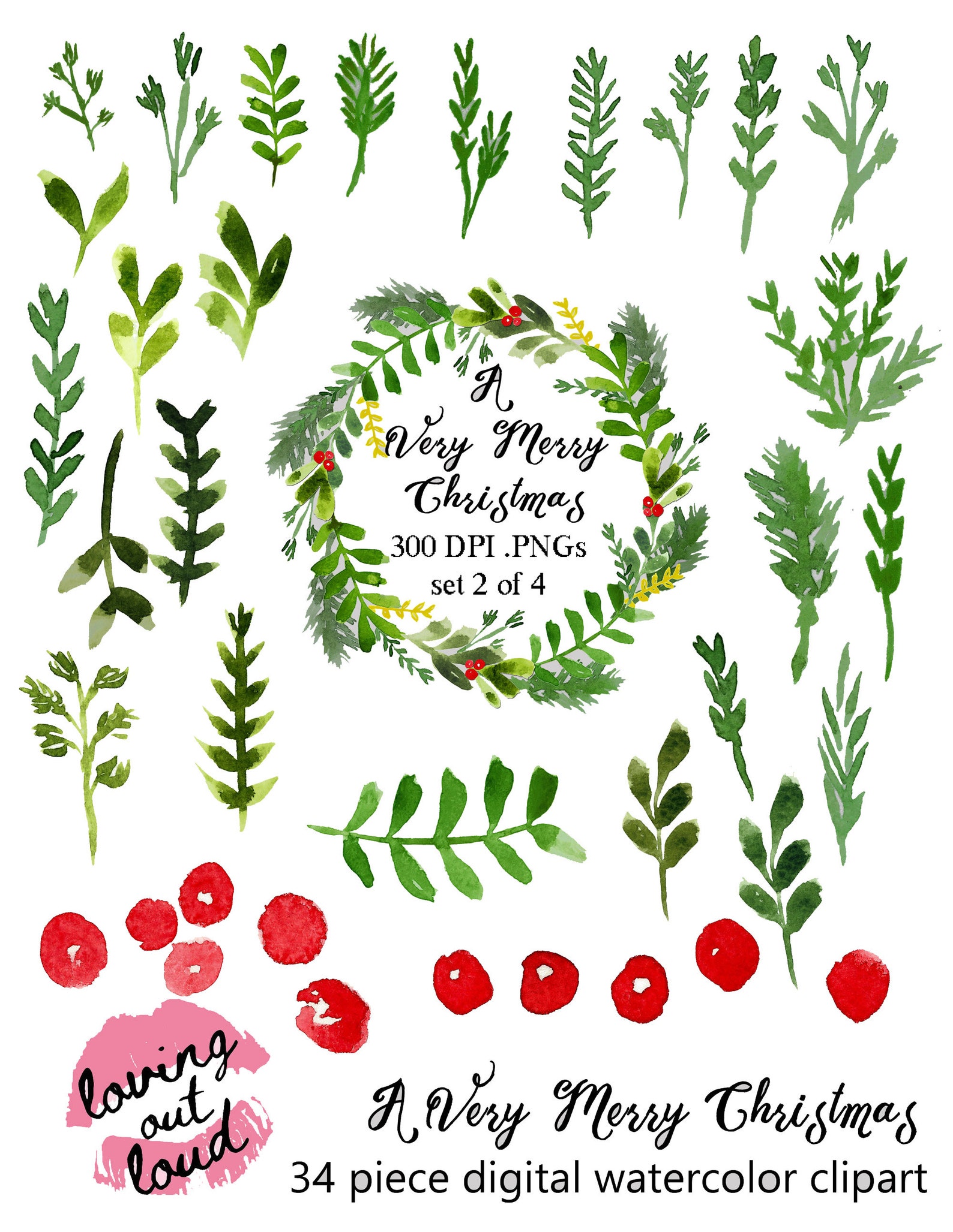 Christmas Watercolor Clipart BUNDLE Greenery Watercolor - Etsy