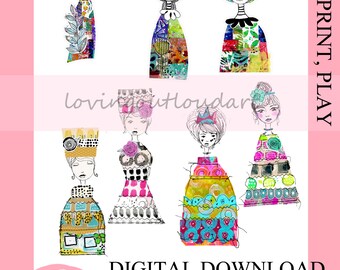 Collage Paper Doll Sticker Set 2 Mixed Media Paper Dolls Stickers ...
