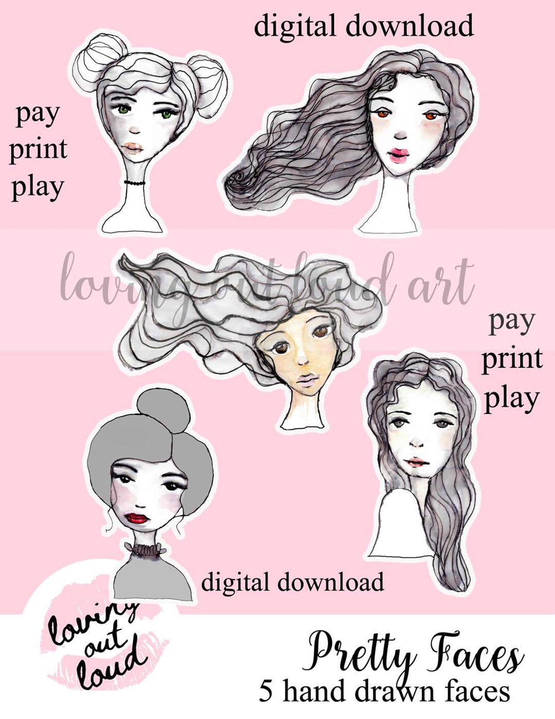 Hand Drawn Girl Faces: Collage Art Elements (digital Download) - Etsy