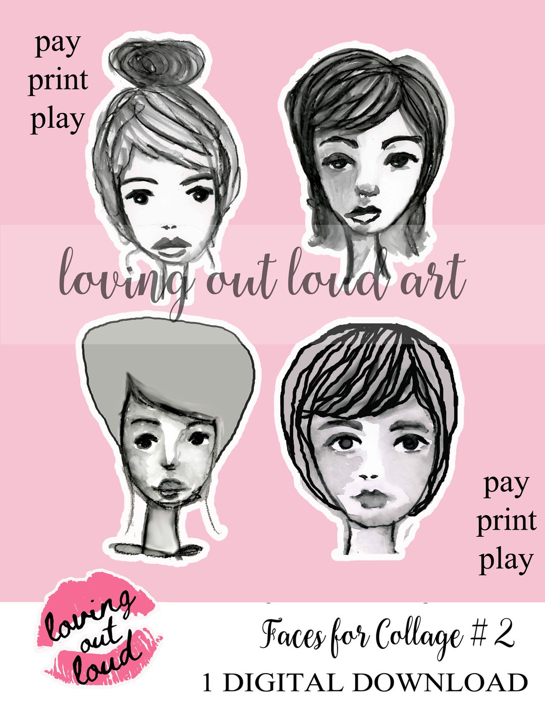 Hand Drawn Faces Collage Elements Collage Fodder Girl Faces Set #2 - Etsy